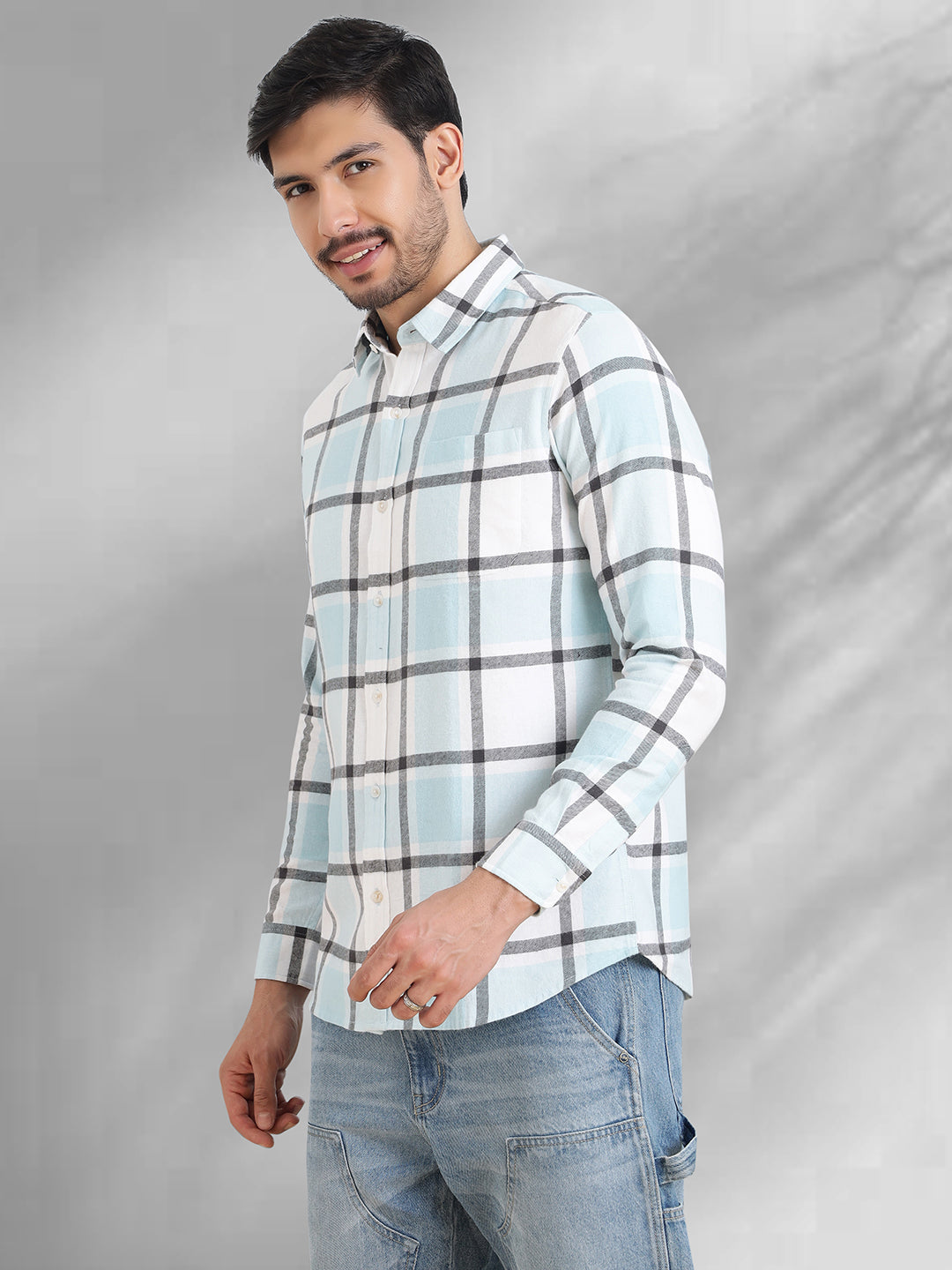 Men Brushed Flannel Sky Blue, Navy and White Checkered Classic Fit Sma ...